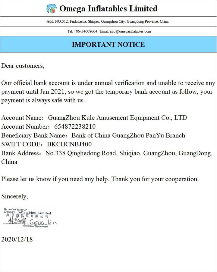 Important Notice of Bank Account – Omega Inflatables Factory