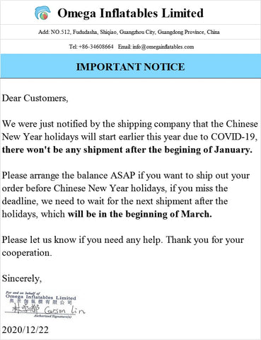 Important Notice of Shipping Deadline – Omega Inflatables Factory